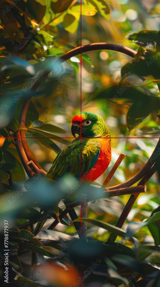 Paradise Parrot in telescopic lens, crosshairs, forest background ...