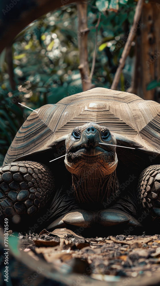 Pinta giant tortoise in telescopic lens, crosshairs, forest background ...