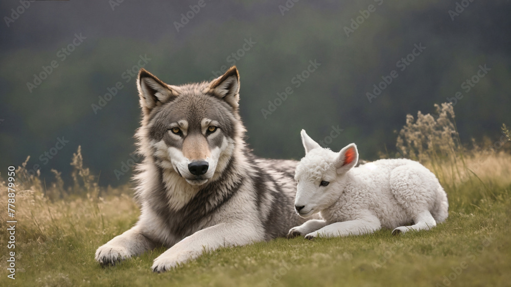 Wolf and lamb side by side in nature, defenseless not afraid of ...