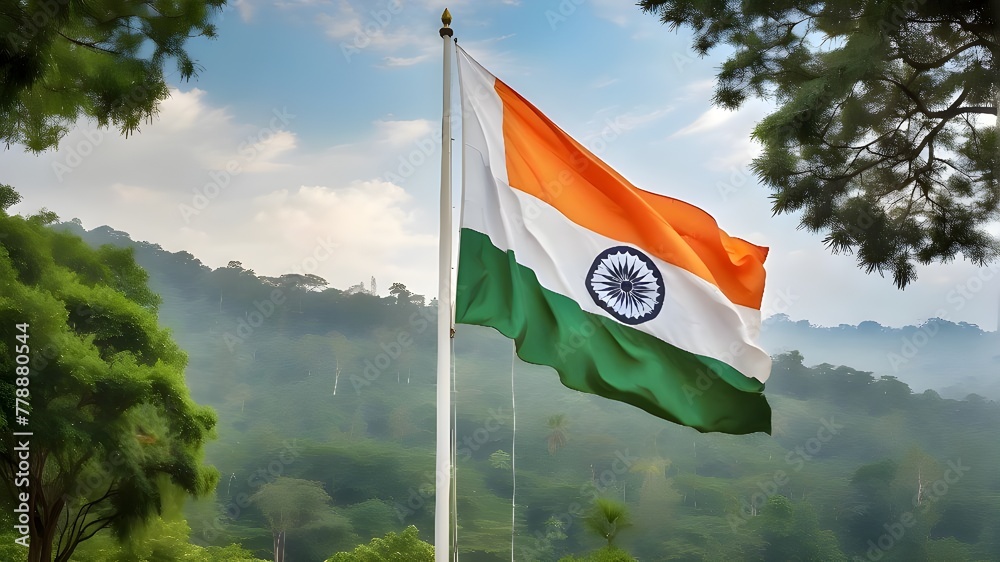 The Indian national flag hoisted high atop a tall flagpole, standing ...