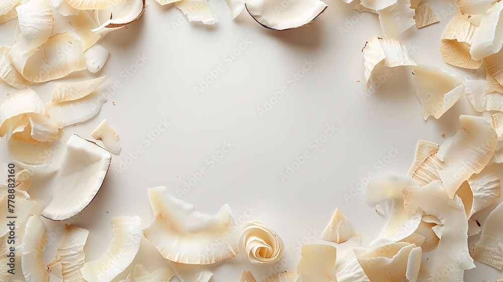 Top view of a shaving coconut on a clean white backdrop kept like a ...
