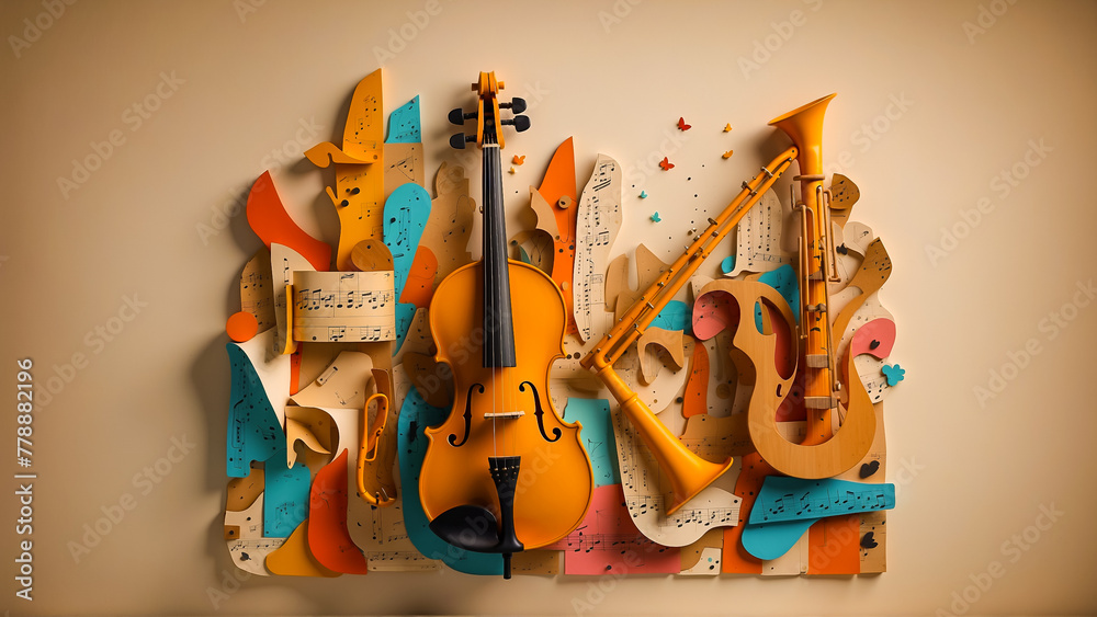Colorful collage of musical instruments, notes and colors Stock ...