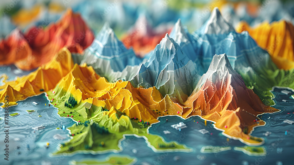 A detailed topographic map displays a range of colorful mountains ...
