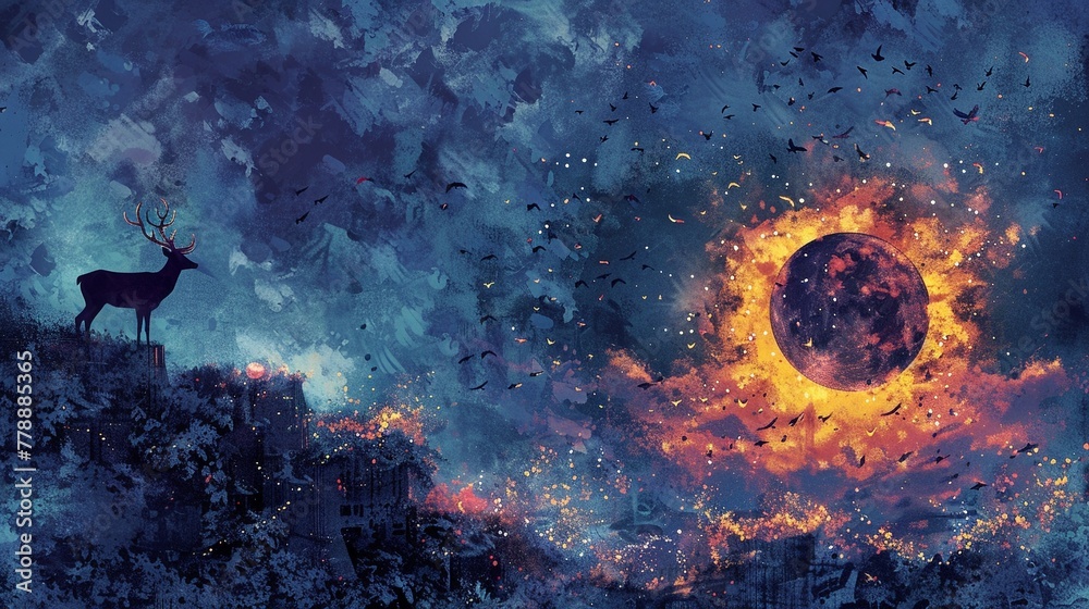 Deer and birds watching a solar eclipse, in watercolor, intense ...