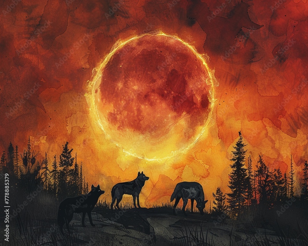 Watercolor scene of an eclipse with wolves watching, glowing halo ...