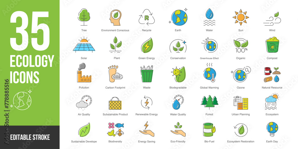 Nature and ecology icon set in color style. Nature and ecology simple ...