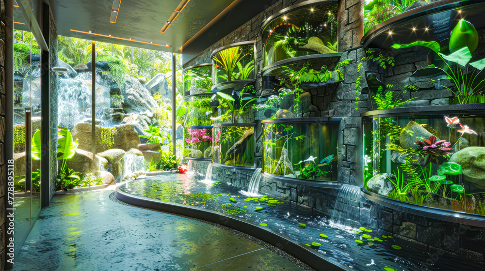 Indoor Waterfall and Fish Tanks in a Greenhouse. A serene indoor ...