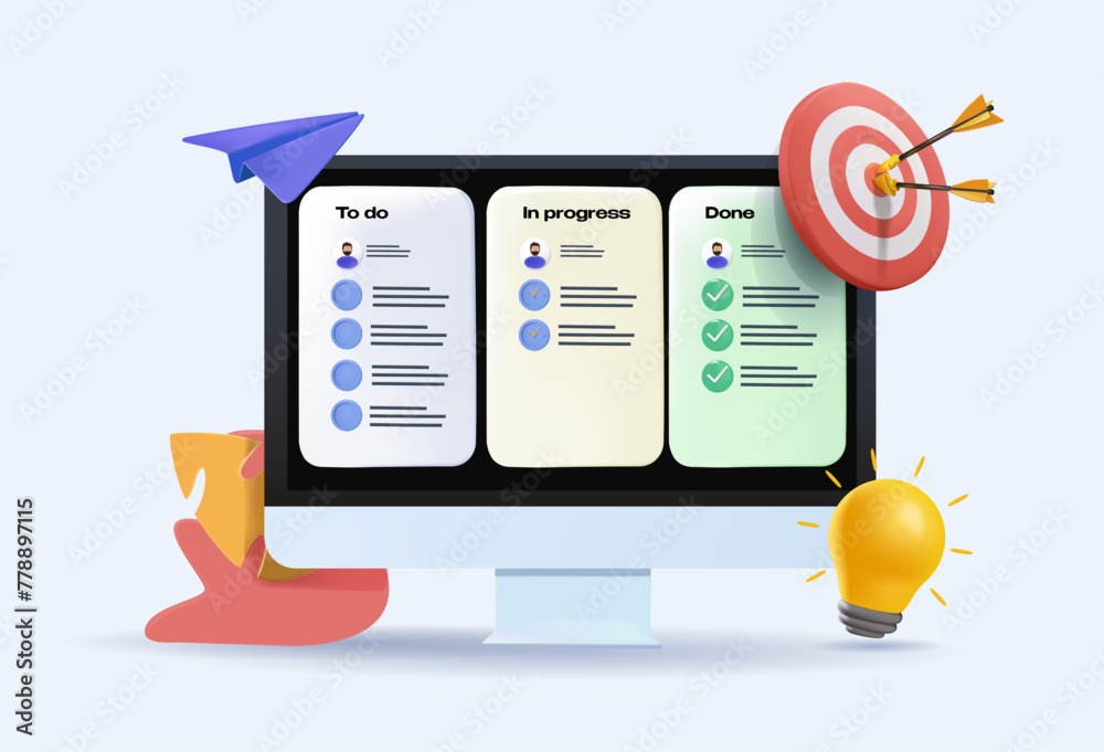 Project management, strategy and organization 3D concept. Office desk ...