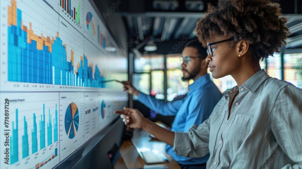 A team of data analysts financial risks, thinking over bank strategy ...