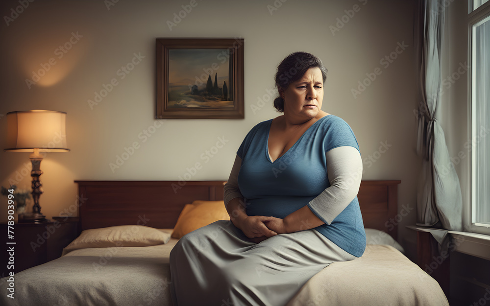 Mid aged lonely overweight woman feeling depressed and stressed sitting ...