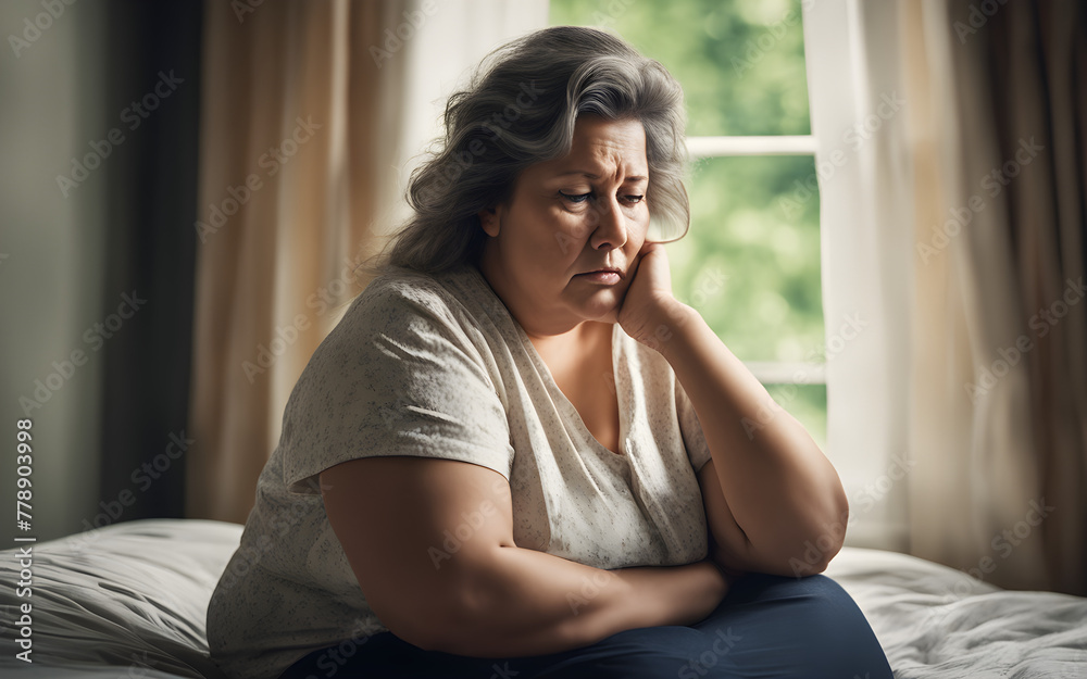 Mid aged lonely overweight woman feeling depressed and stressed sitting ...