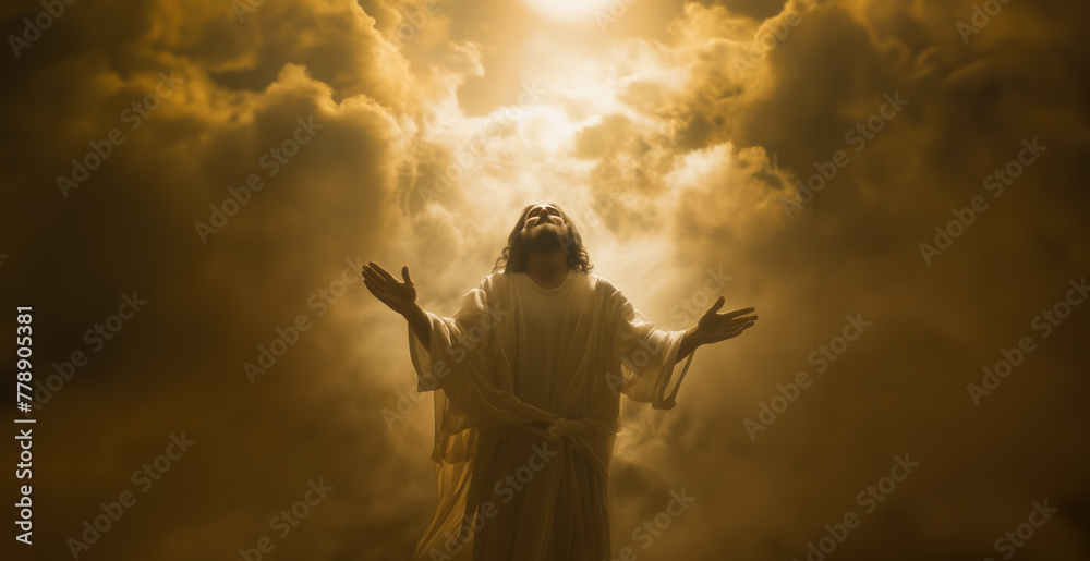 Jesus Christ looking up and with his arms opened. Salvation concept ...