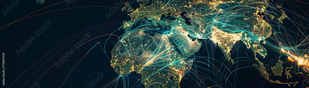 International trade flow maps, dynamic presentation, wide shot ...