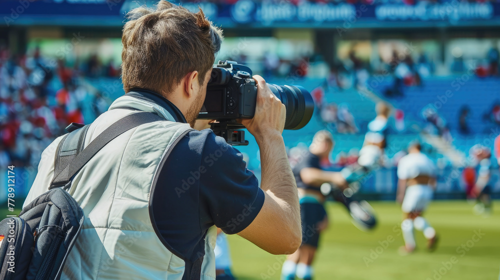 A sports photographer with large telephoto lenses, capturing action ...