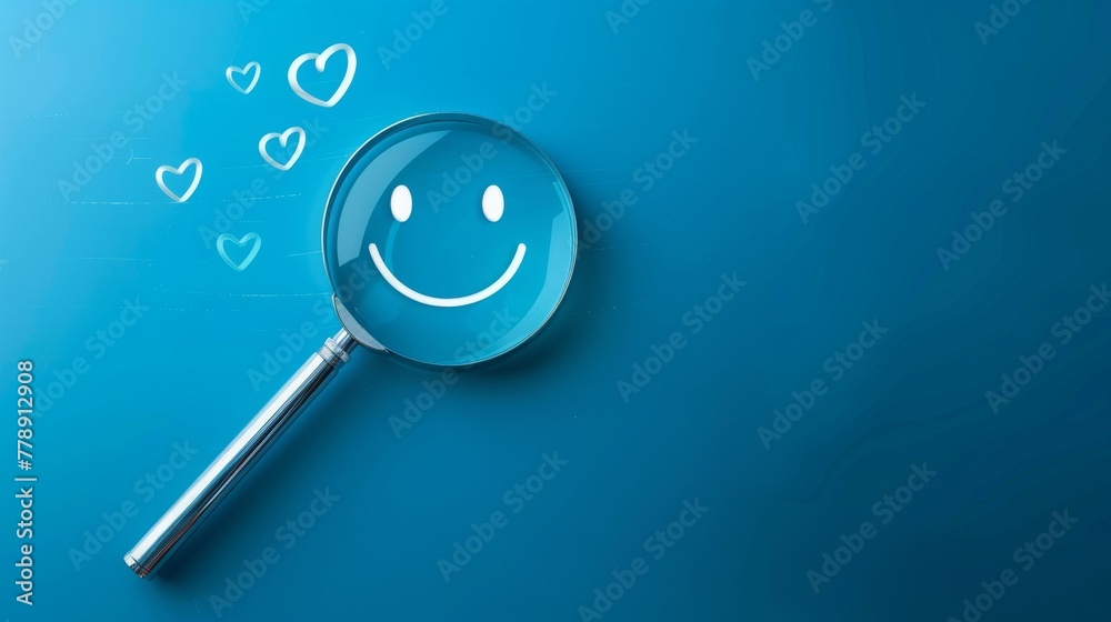 Mental Health Day concept. Magnifying glass help see a smiley face icon ...