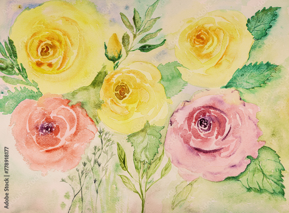 Watercolor of five roses with leaves on the background. The dabbing ...