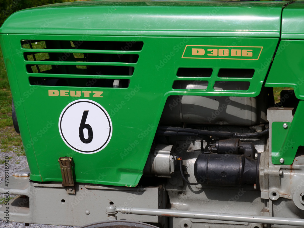 Green engine cover of the Deutz D 3006 tractor, Deutz D-series, which ...