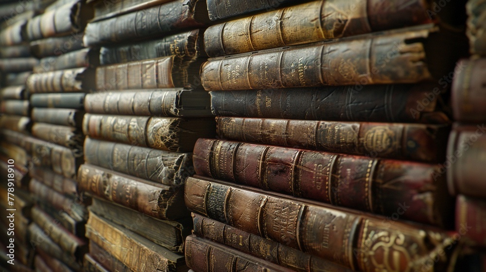 Randomly stacked vintage books, creating a unique texture of aged paper ...
