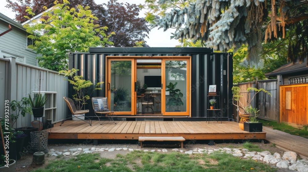 A small shipping container home in the backyard with large sliding ...