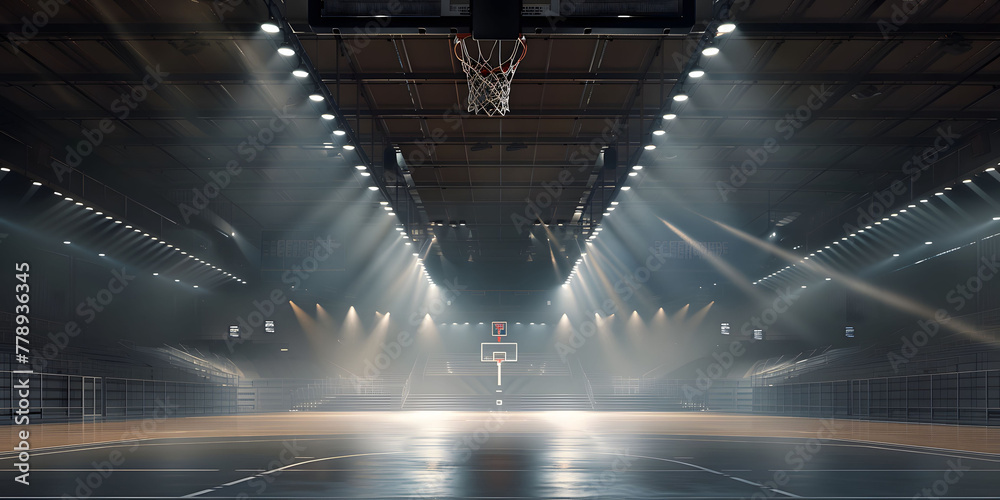 An empty basketball court is illuminated by spotlights, creating ...