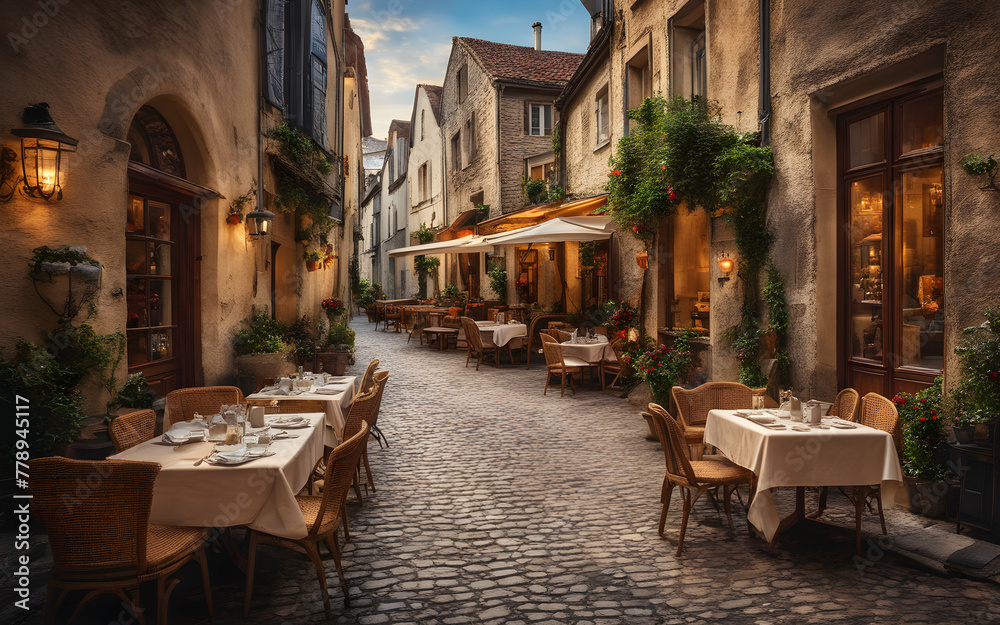 Quaint cafe terrace on a cobbled street in Europe, tables set for ...