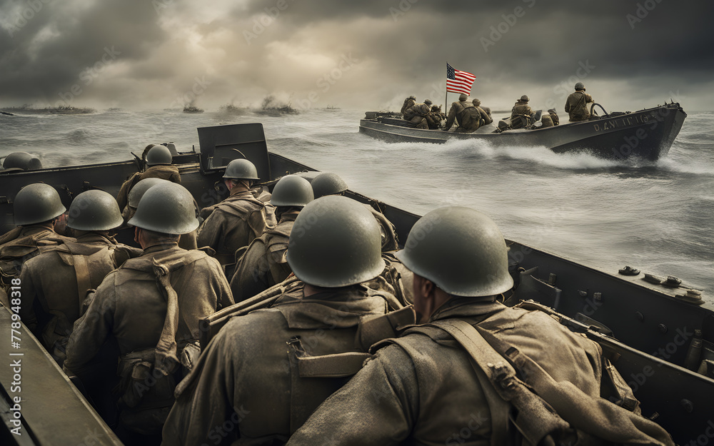 Rear view of 1944 American soldiers in a Landing Craft boat during D ...