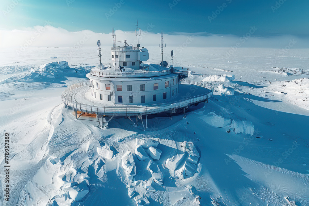 Arctic station against the backdrop of snow and Arctic ice. Residential ...