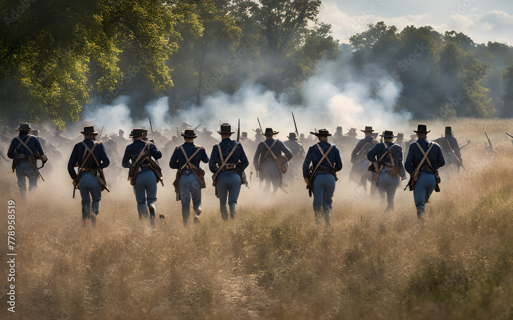 Rear view of Union soldiers charging toward Confederate soldiers during ...