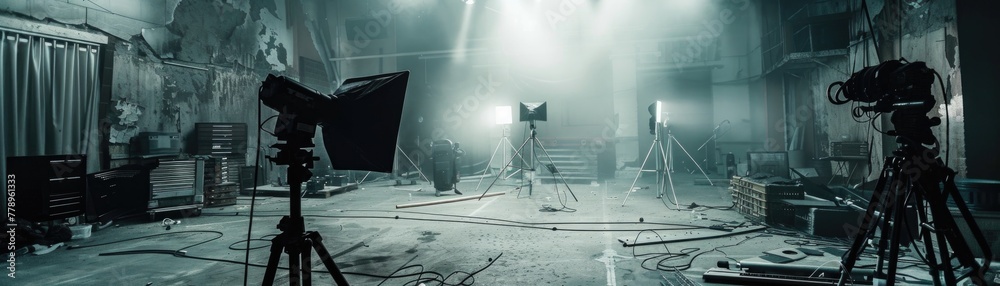 Vacant movie set, props standing, a scene frozen in time, waiting for ...