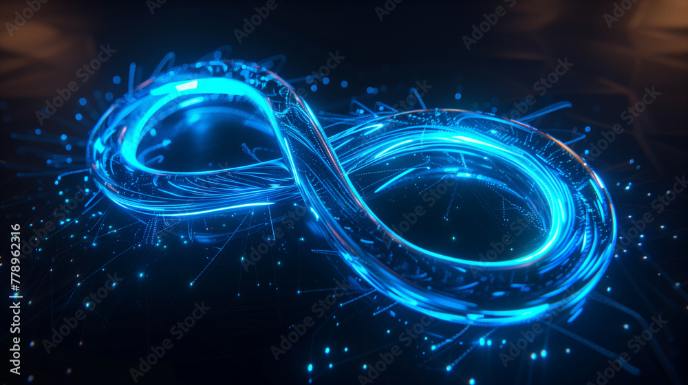 Abstract image of an infinity symbol glowing with blue neon light on a ...