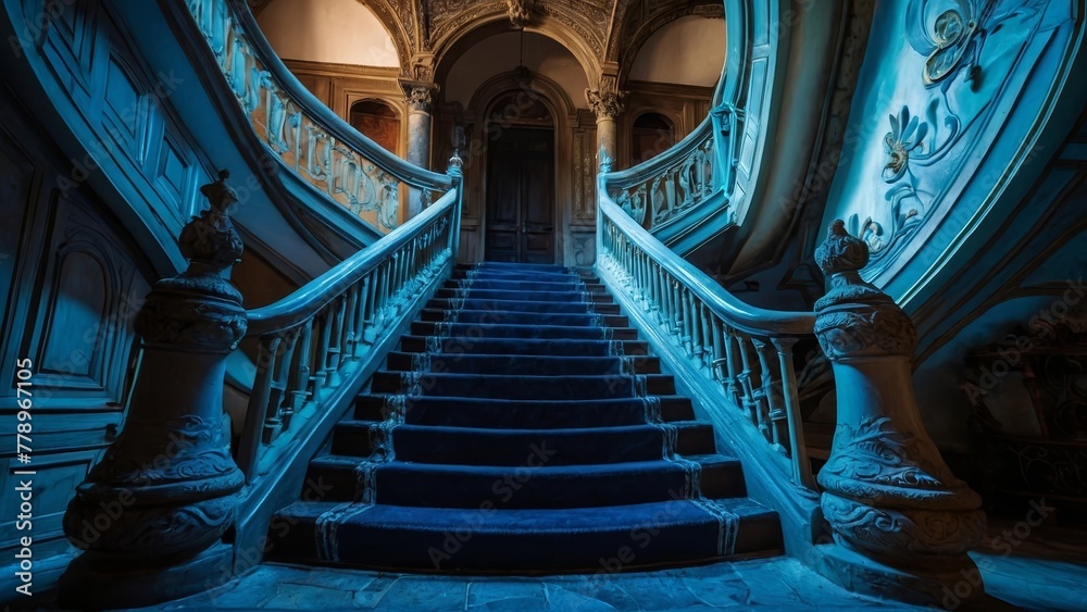 Blue staircase in an abandoned and creepy mansion. Nightmare and ...