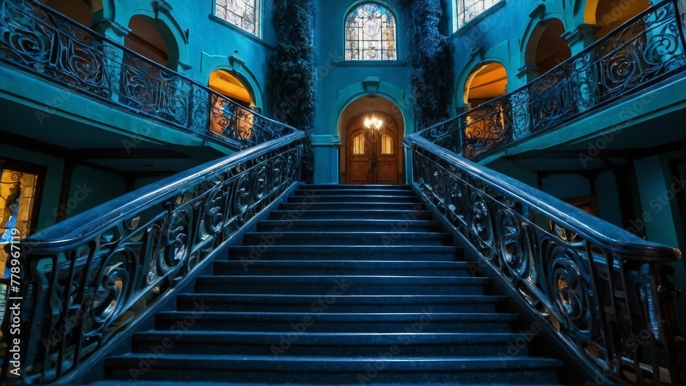Halloween, stairs of a luxurious abandoned and haunted mansion. Concept ...