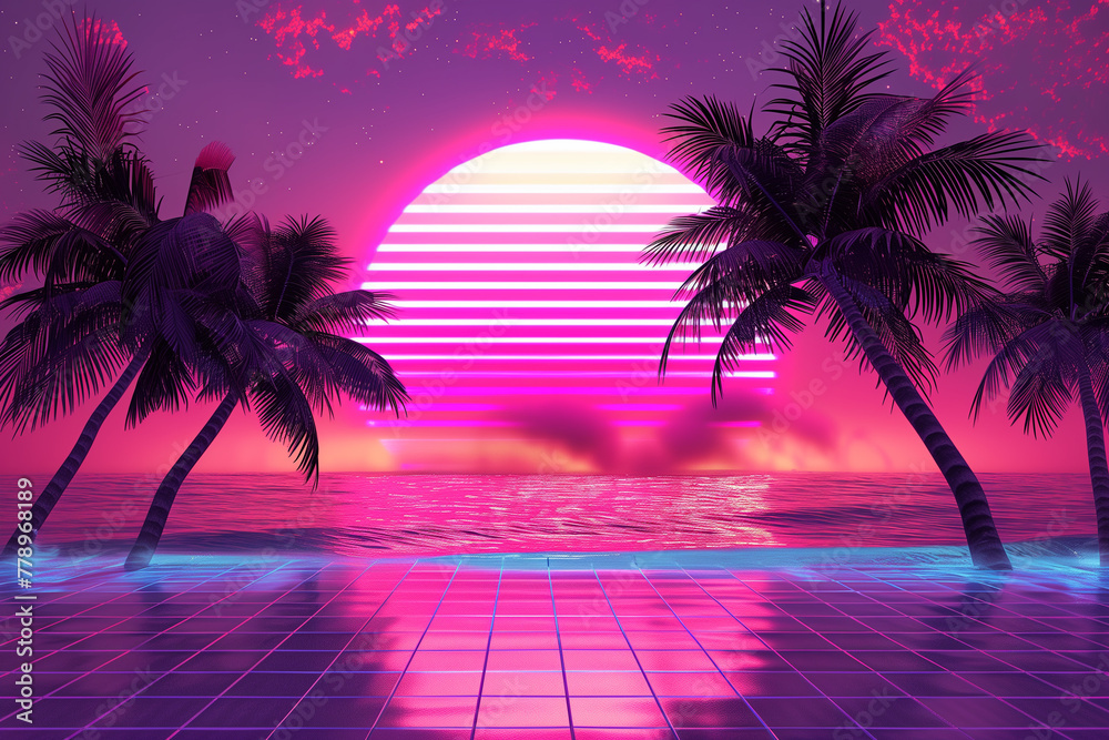 80s style retro vibe beach wallpaper graphic. Lo-Fi synthwave sunset ...