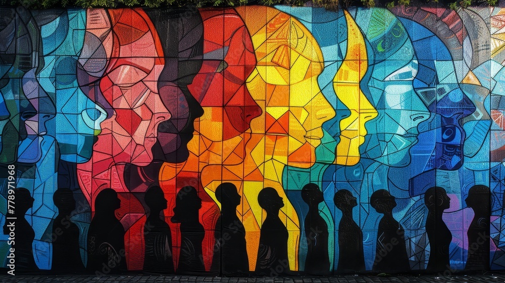 A colorful mural of people with different faces and colors. The mural ...