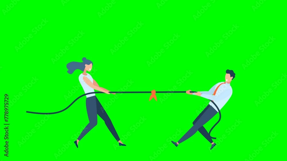 Tug of war. Man, woman are pulling rope. Men versus women gender ...