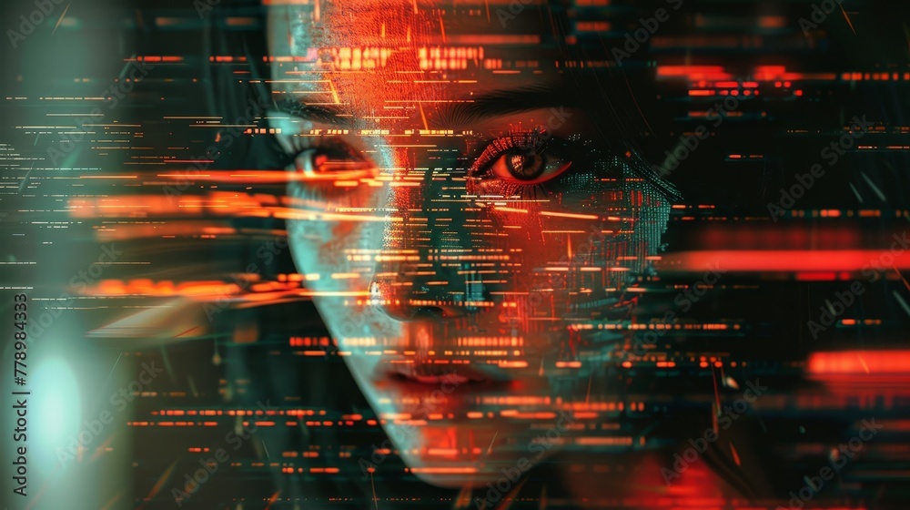 A woman's face is shown in a digital image with a lot of red and orange ...