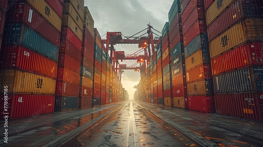 Document the efficiency and precision of container terminals as cranes lift and stack containers ...