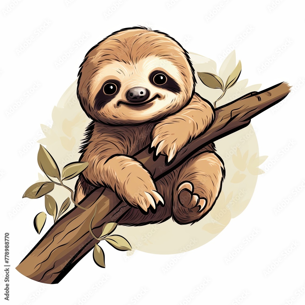 Close-up shot of a baby sloth clinging to a tree branch, line art ...