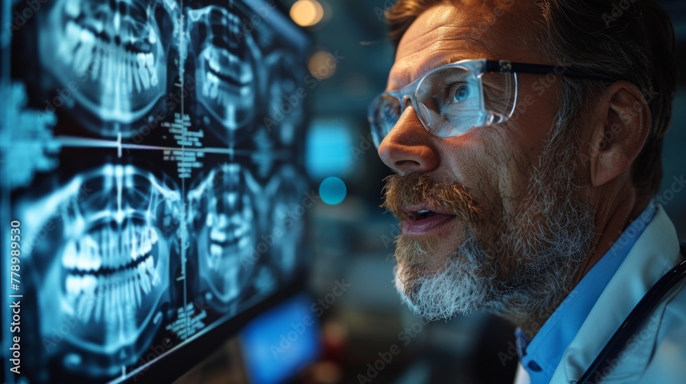 The dentist meticulously examines the dental x-ray, assessing tooth ...
