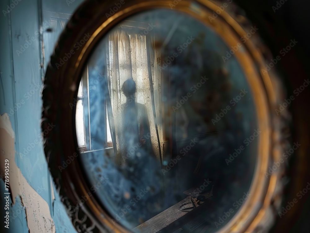 A close-up of an old, dusty mirror in an empty room. The reflection ...