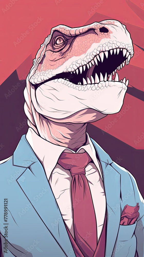 Low angle shot of a tyrannosaurus rex in a sharp suit , cute, simple 2d ...