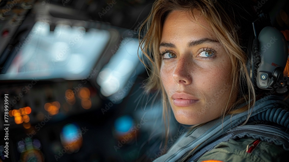 A woman pilot in a flight suit, preflight checks complete, a look of ...