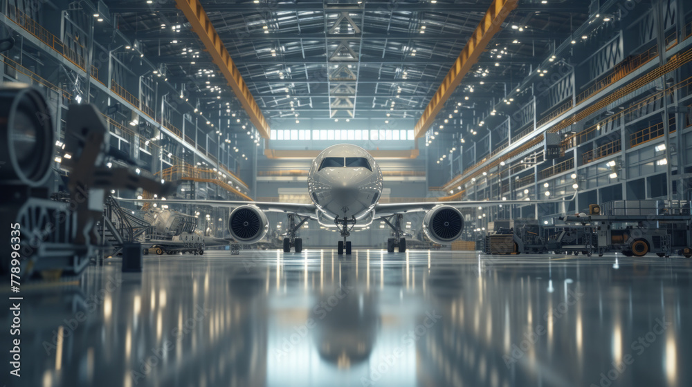A sophisticated aerospace manufacturing facility with assembly lines ...