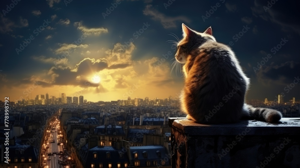 Cat overlooking city skyline at dusk - A contemplative cat sits atop a ...