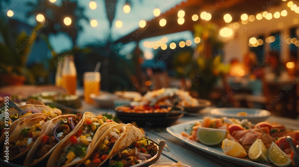 Tacos party, Mexican food. A beautifully set table with an assortment ...