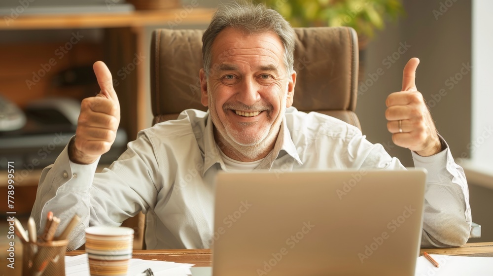 A middle-aged man giving a thumbs-up to his laptop, relieved after ...