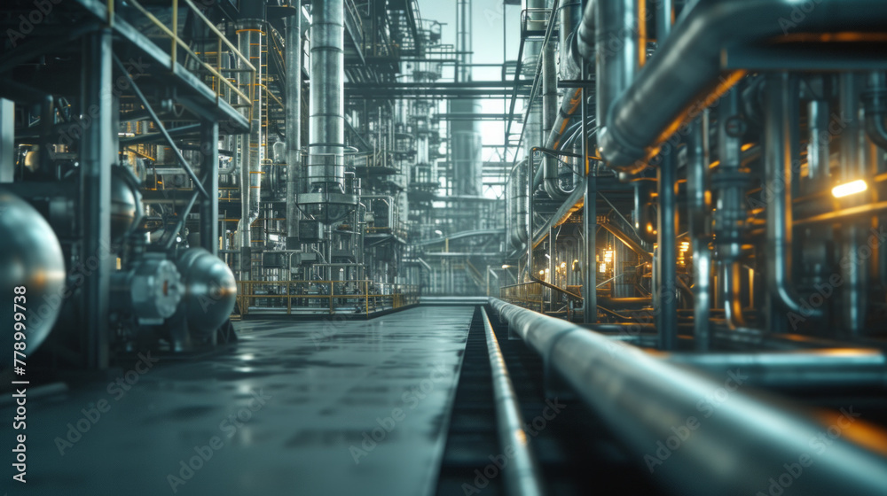A bustling chemical processing plant with reactors and distillation ...