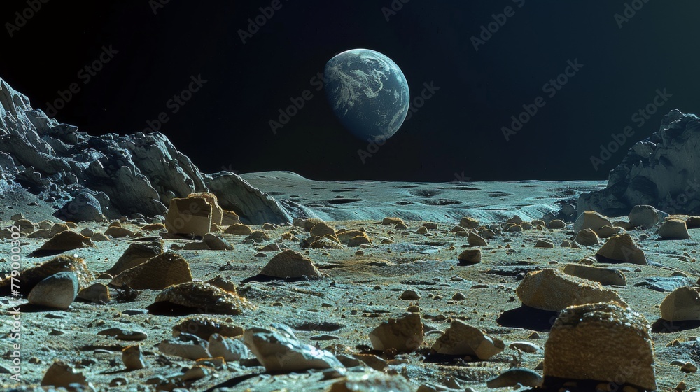 1960s moon landing realistic lunar surface with earthrise, high ...
