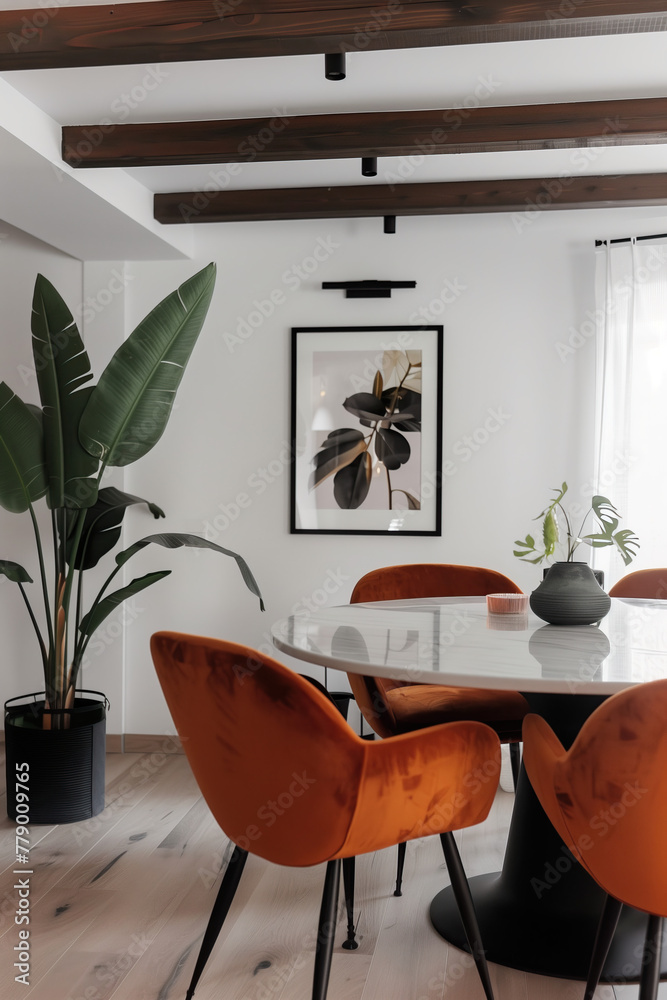 dining room with orange velvet chairs, white walls and wooden beams on ...
