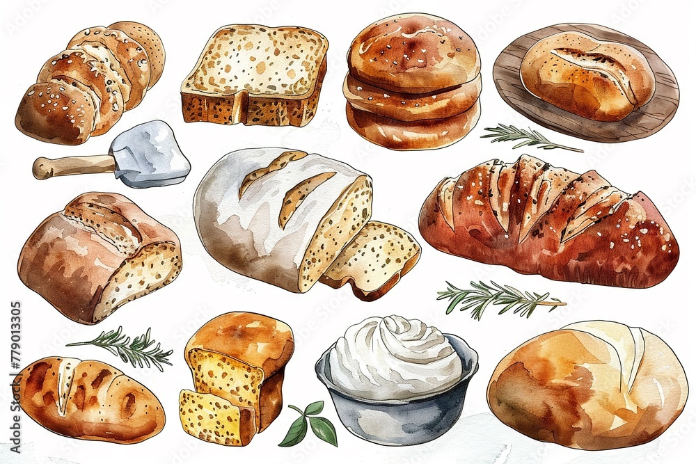 Artistic watercolor bread and doodle set, format on white, showcasing ...